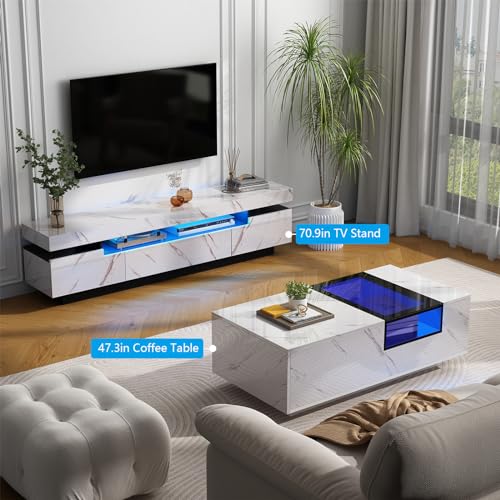 Uspeedy 47.3IN LED Coffee Table, White Coffee Table for Living Room,High Gloss Modern Coffee Table with APP Control, Large Coffee Table with Marbling Print(Marbling)