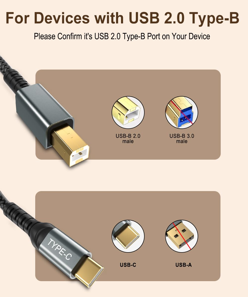 USB C Printer Cable - 6 FT Nylon USB C Printer Cord for MacBook Pro/Air, USB C MIDI Cable Compatible with Yamaha Piano MIDI Keyboard, DAC, DJ Controller for iPad Pro - Fast and Stable Data Transfer!