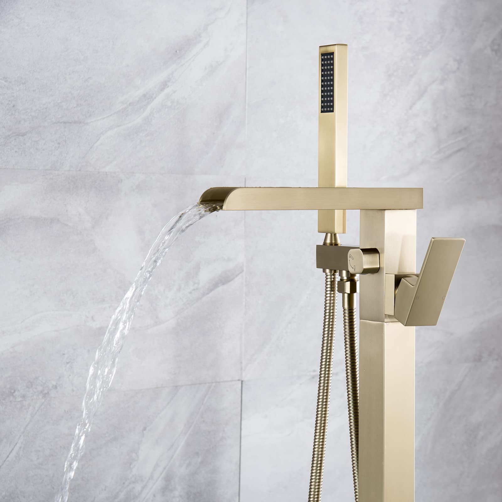 Waterfall Tub Filler Freestanding Bathtub Faucet Brushed gold Floor Mount Brass Single Handle tub Faucets with Hand Shower