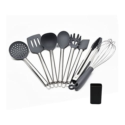 WERCHW Silicone Cooking Utensils Set, 8 Piece Black Kitchen Utensils Set with Holder, Kitchen Tools Spatulas with Stainless Steel Handle for Non-Stick Cookware, Heat Resistant & Dishwasher Safe