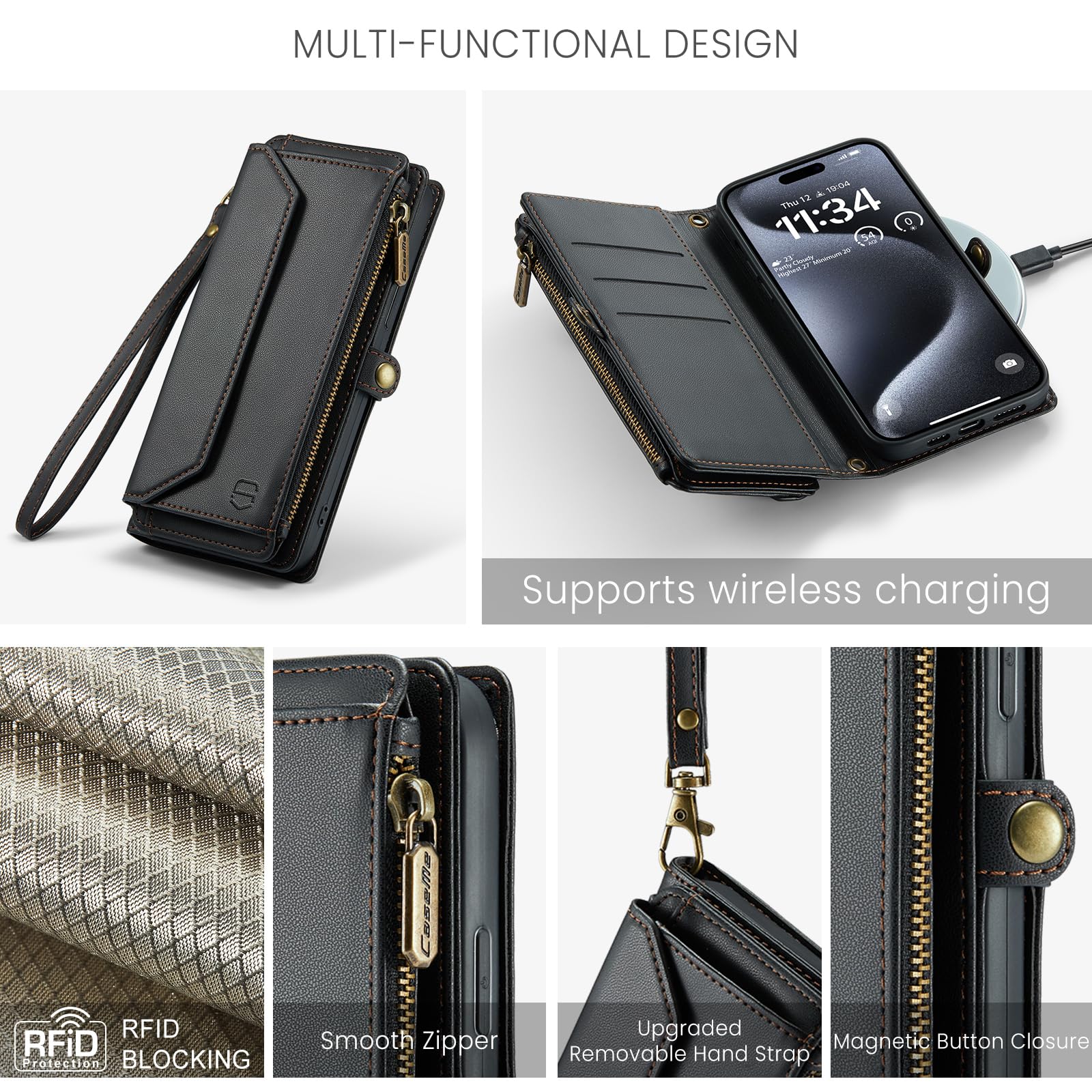 Strapurs Crossbody iPhone 15 Pro Max Case Wallet RFID Protection with 10-Card Holder Zipper Bills Slot, Soft PU Leather Magnetic Flip Shoulder Strap iPhone 15 Pro Max Wallet Case for Women,Black