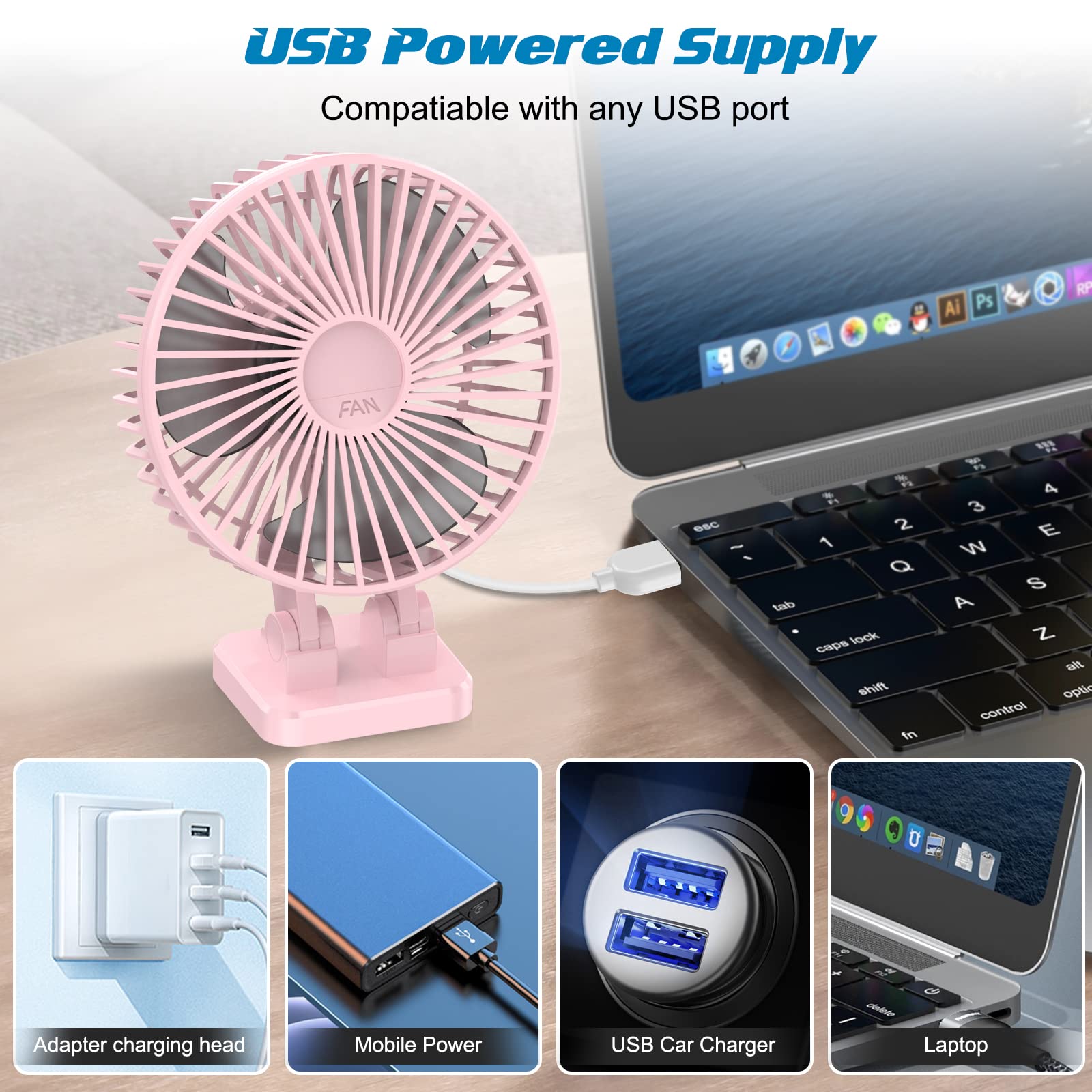 USB Fan for Desk, Mini Desk Fan, 3 speed in Single Button, Rotation Strong Wind Desktop Cooling Fan, Quite Mini Personal Fan for Home Office Table, 5inch (Pink)