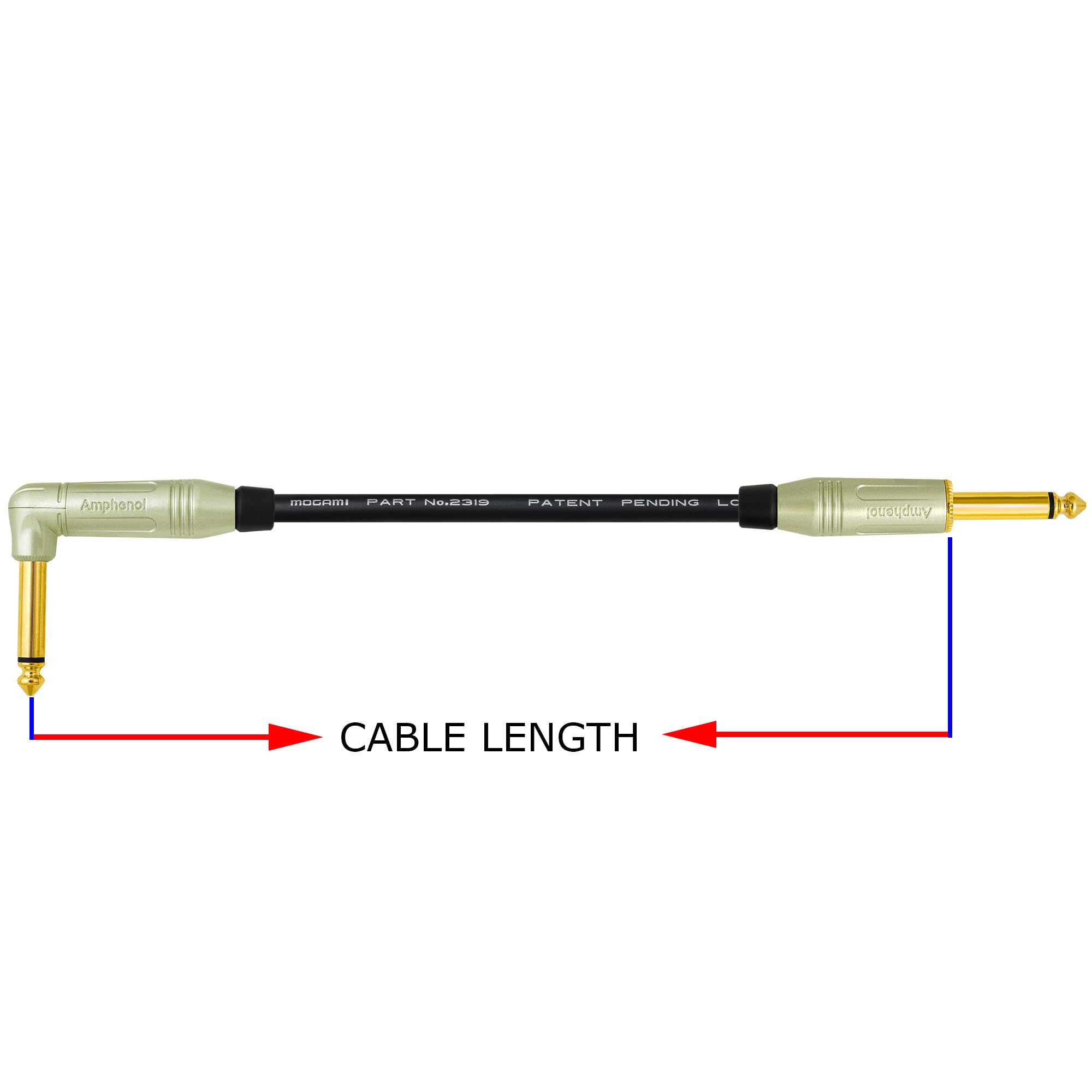 WORLDS BEST CABLES 2 Units - 10 Foot - Pedal, Effects, Patch, Instrument Cable Custom Made Using Mogami 2319 Wire & Amphenol ACPM-RN-AU & ACPM-GN-AU M-Series Angled & Straight Gold TS Plugs