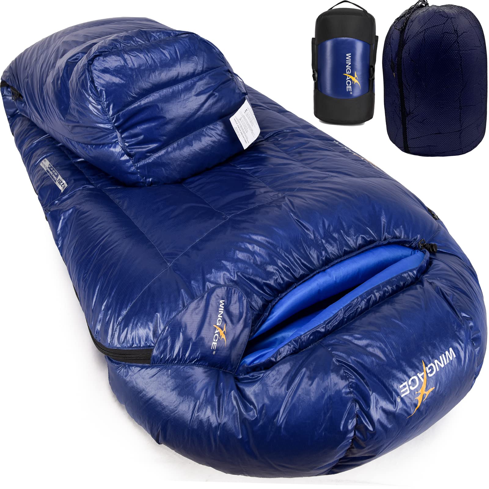 WINGACE Mummy Sleeping Bag 20 Degree F, 750FP 95% Down, Backpacking & Camping, Adults Cold Weather Lightweight Warm Compact Sleeping Bags (23F & 15F, 83 in, Dark Blue)