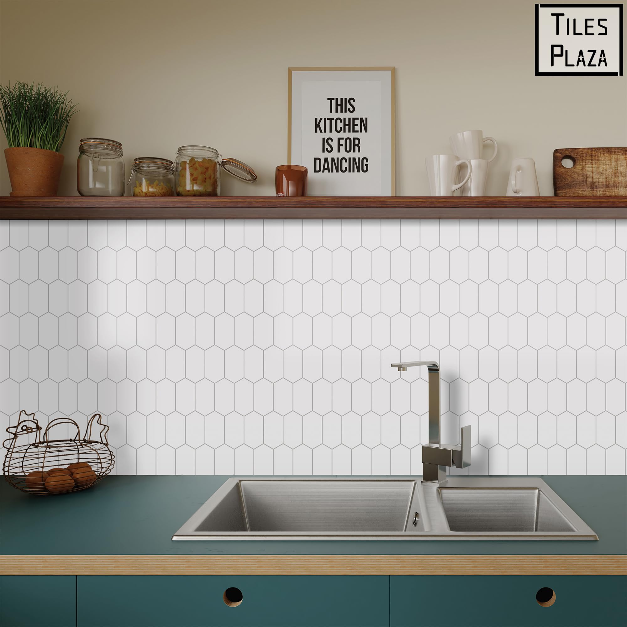 The Tiles Plaza Backsplash Tile for Kitchen Peel and Stick. Blue Long Hexagon Self Adhesive Wall Tile. Stone Composite Stick On Decorative Mosaic Tile for Bathroom, Fireplace, 1 Sheet, 0.9 Sq Ft.