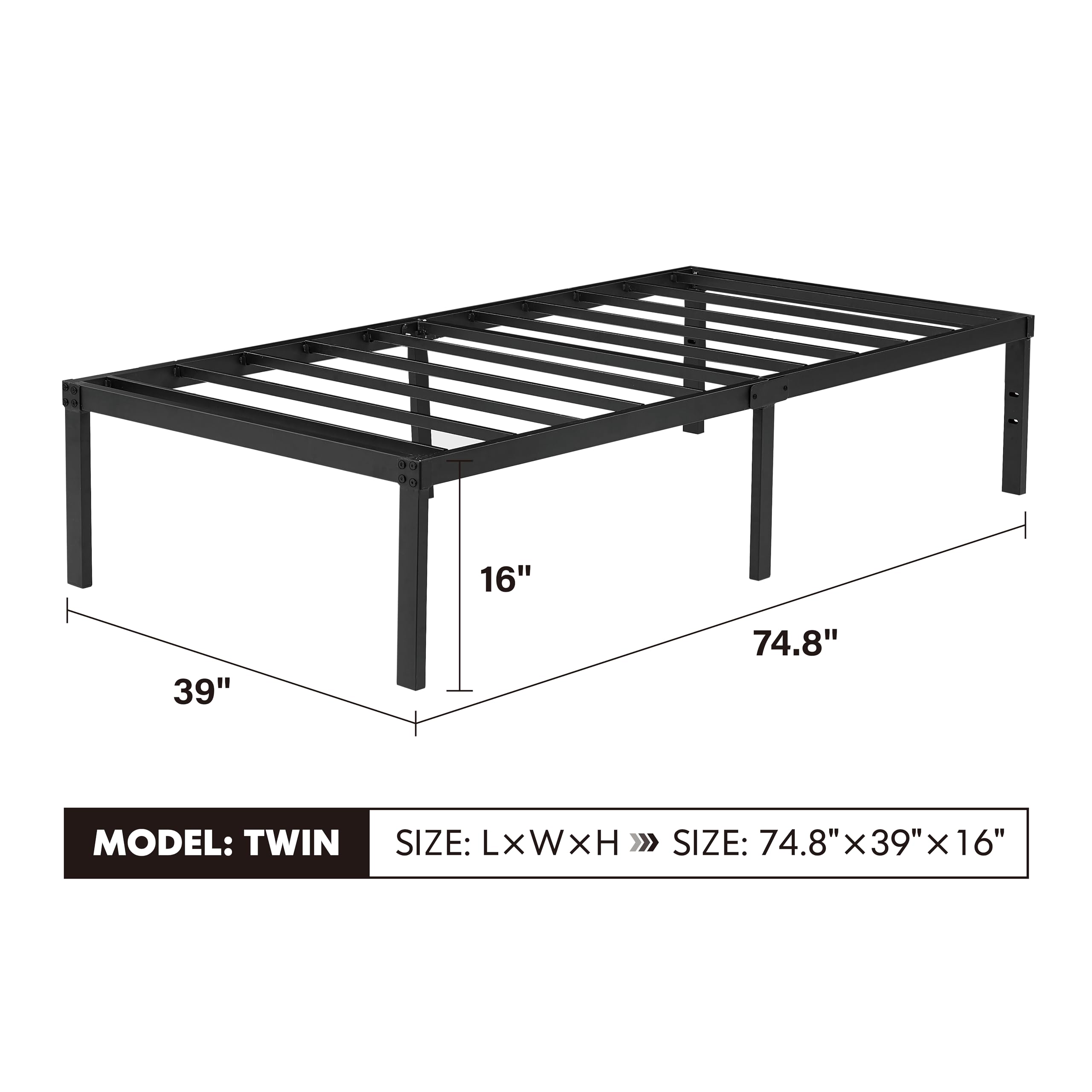 WORKKOOL 16 Inches Twin Size Platform Bed Frame,No Box Spring Needed Easy Assembly,Heavy Duty Steel Slat Mattress Foundation Noise Free