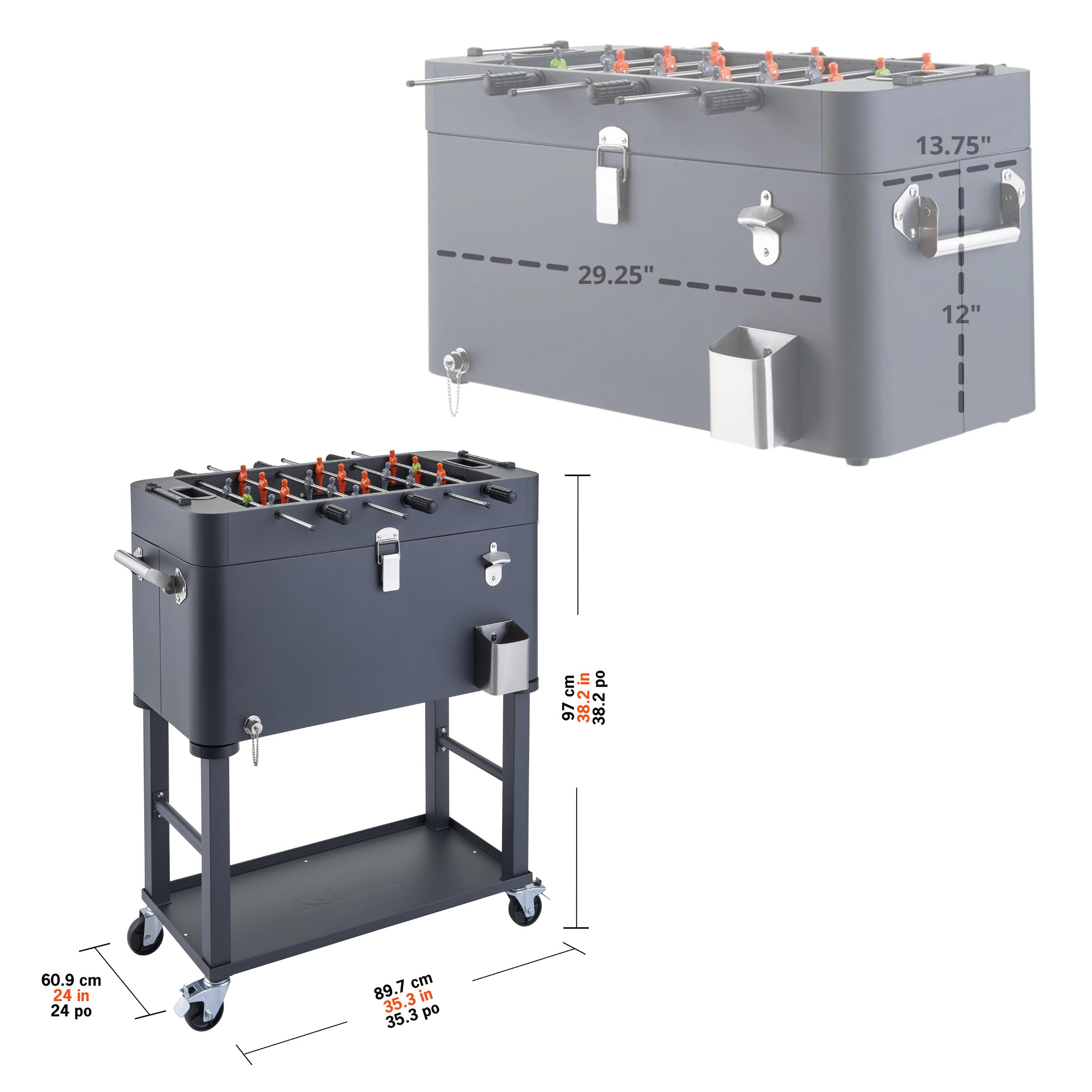 TRINITY 80 Quart Beverage Cooler and Ice Chest with Foosball Table Top and Bottle Opener, Rolling Cart and Storage Shelf, Detachable Tub, 96 Can Capacity, includes Protective Cover, Charcoal Gray