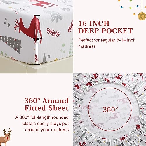 STARBEDIA Christmas Sheets Full, 100% Cotton Flannel Holiday Bed Sheet Set, Deep Pocket Fitted Sheet, Soft Warm Brushed Christmas Sheet (Full Size, Christmas Forest Deer)
