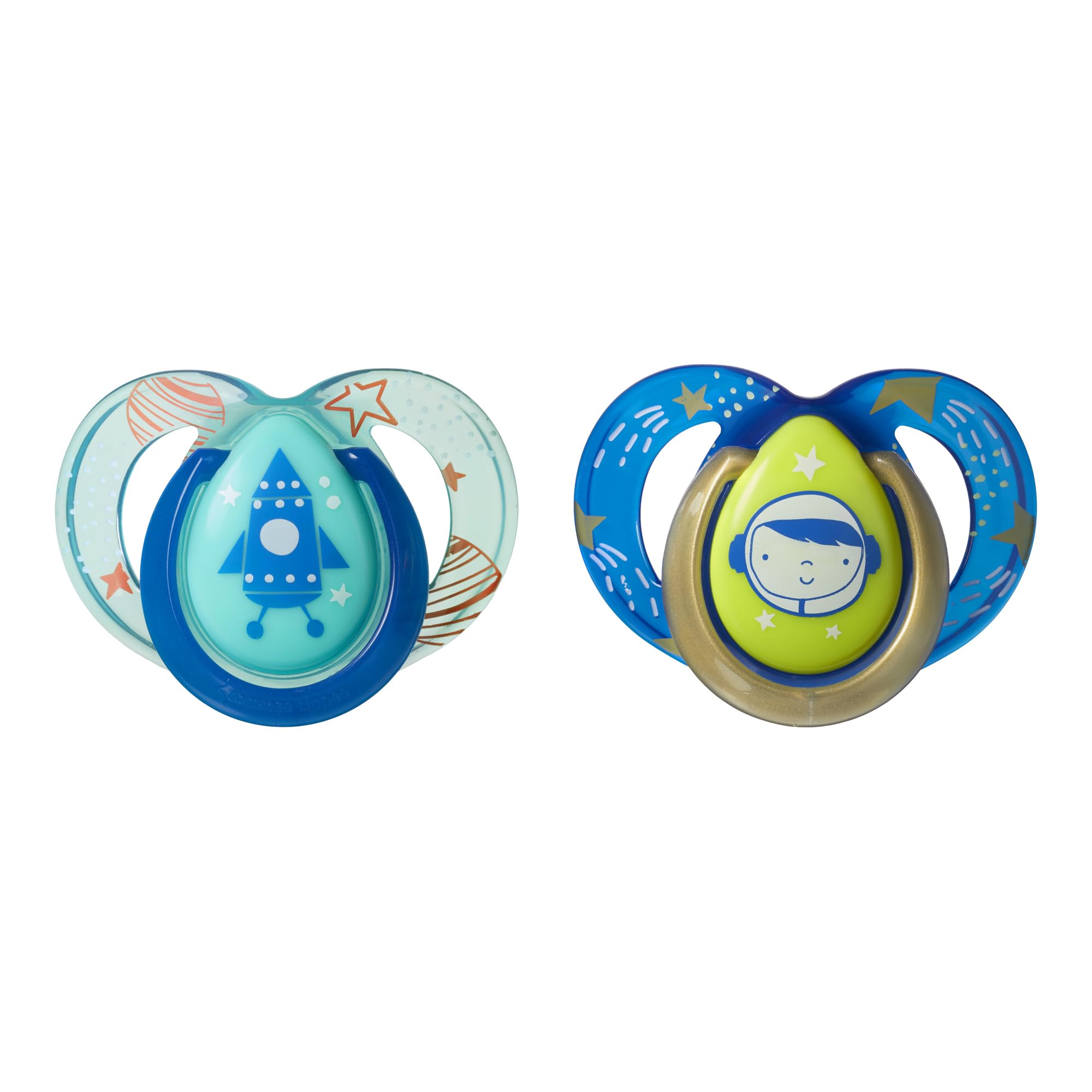 Tommee Tippee Night Time Glow in The Dark Pacifiers, Symmetrical Design, BPA-Free Silicone Binkies, 6-18m, 2-Count, Colors and Designs May Vary