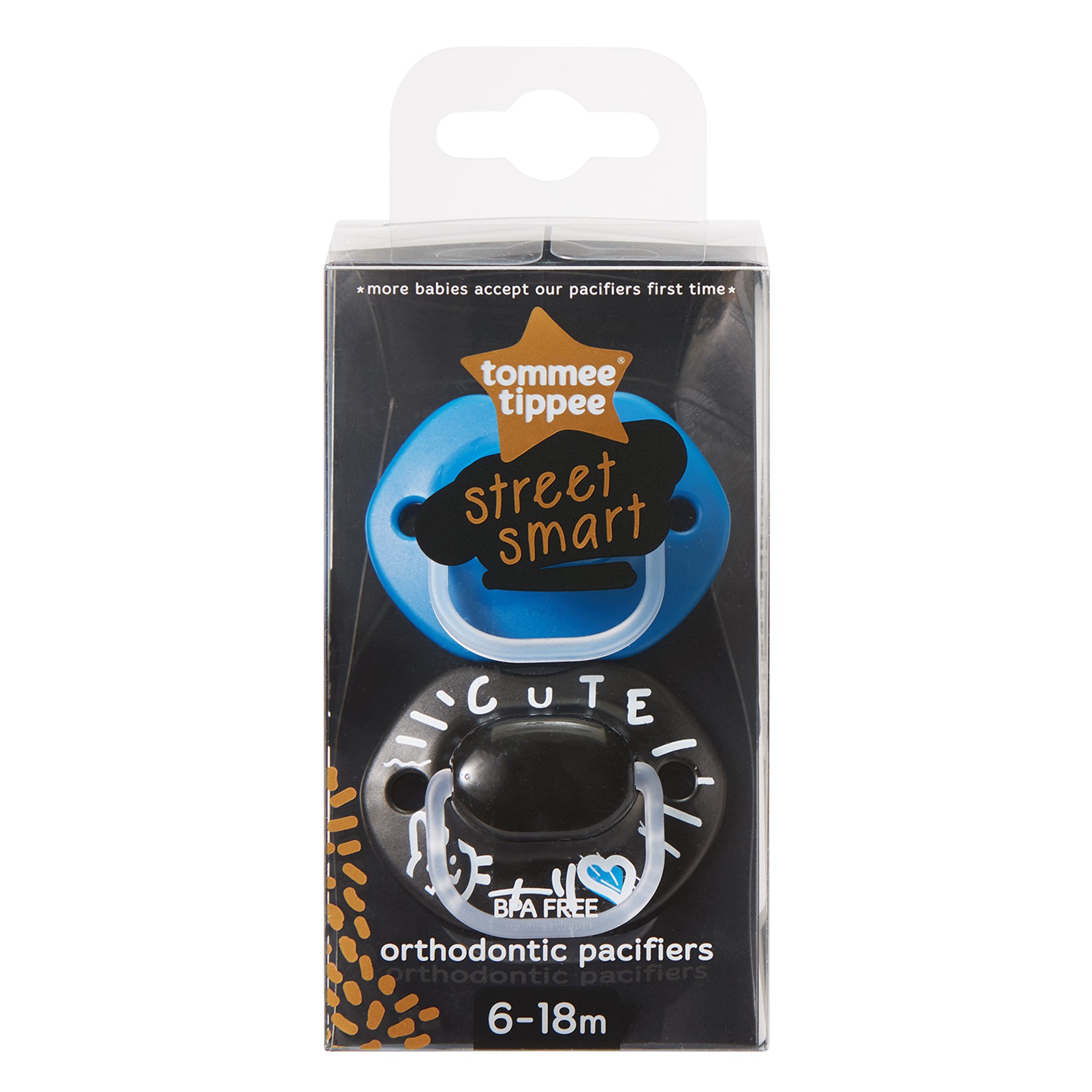 Tommee Tippee Street Smart Pacifiers, Symmetrical Design, BPA-Free Silicone Binkies, 6-18m, 2-Count