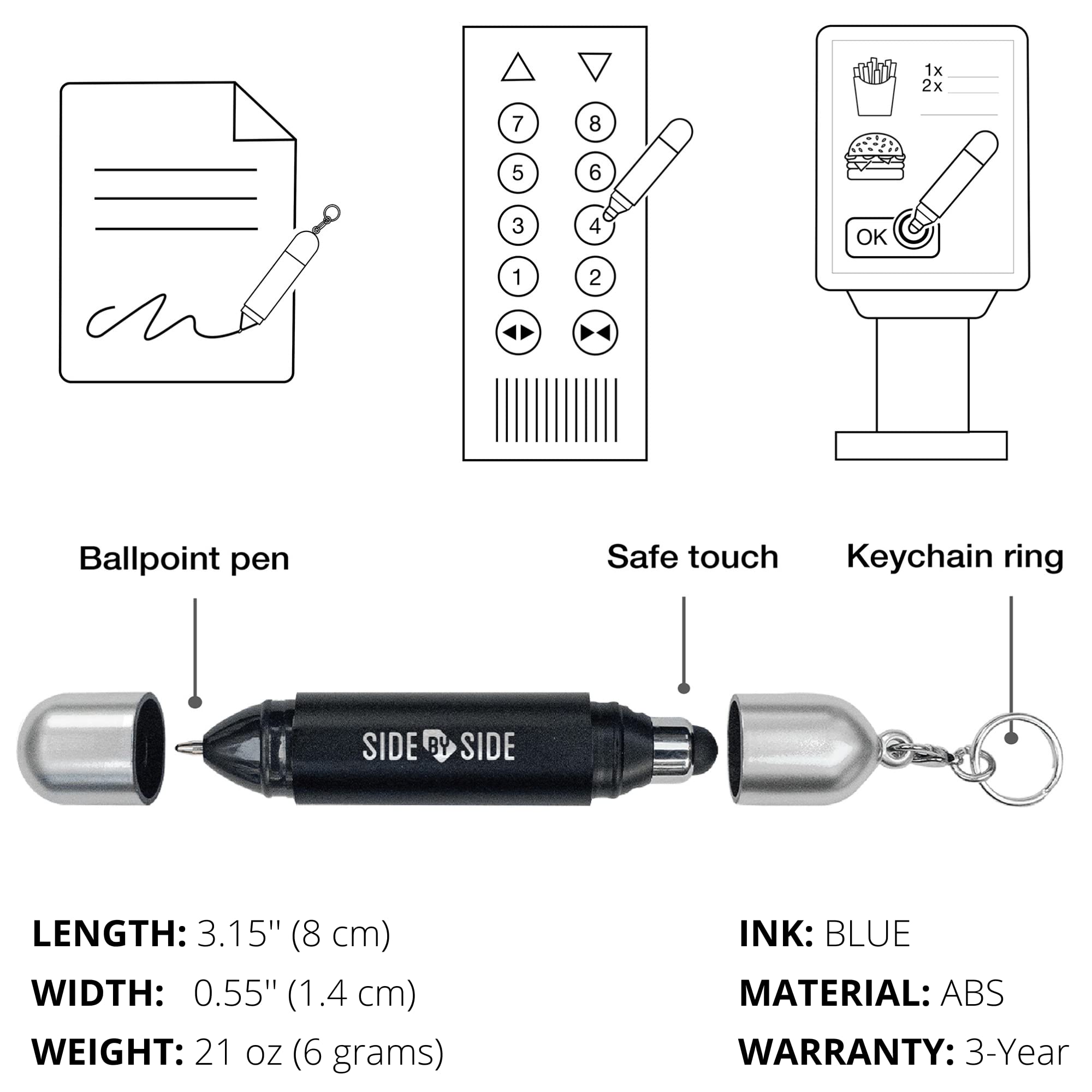 Side by Side Mini Travel Pen Keychain | Compact Ballpoint Pen + Small Stylus for Touchscreens | (Pack of 4x)