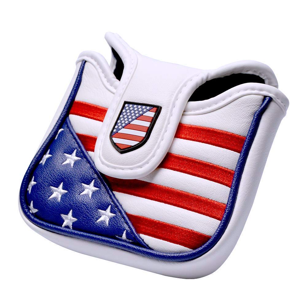 PLUSKER USA Square Golf Club Heel Shafted Mallet Putter Cover Magnetic Closure Patriotic Stars and Stripes American Flag Synthetic Leather Putters Headcover
