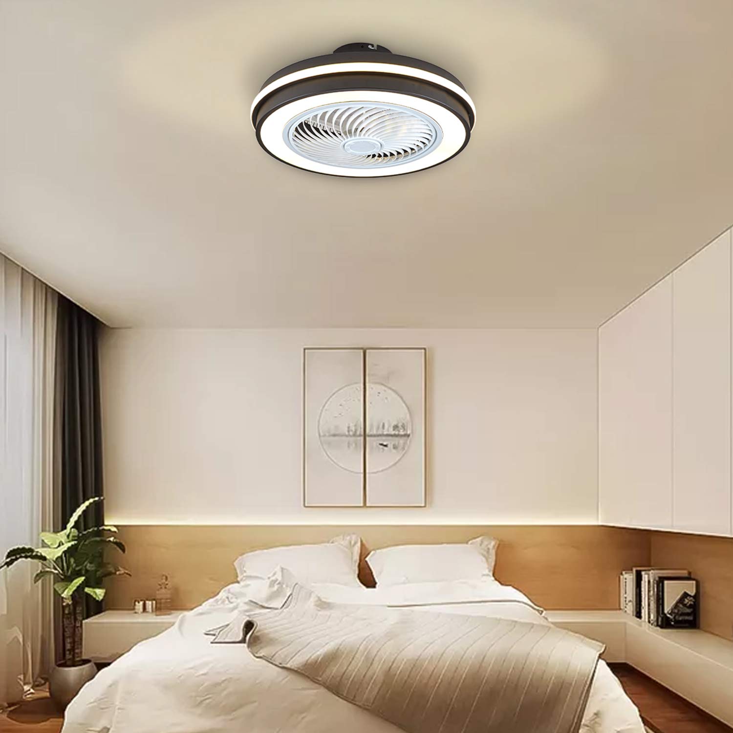 SHENGQINGTOP Modern LED Enclosed Ceiling Fan with Lights Remote Control 40W 20 Inches Round Flush Mount Low Profile Ceiling Fan, 7 Blades, 3 Color changeable, 3 Speed, Timing, Black