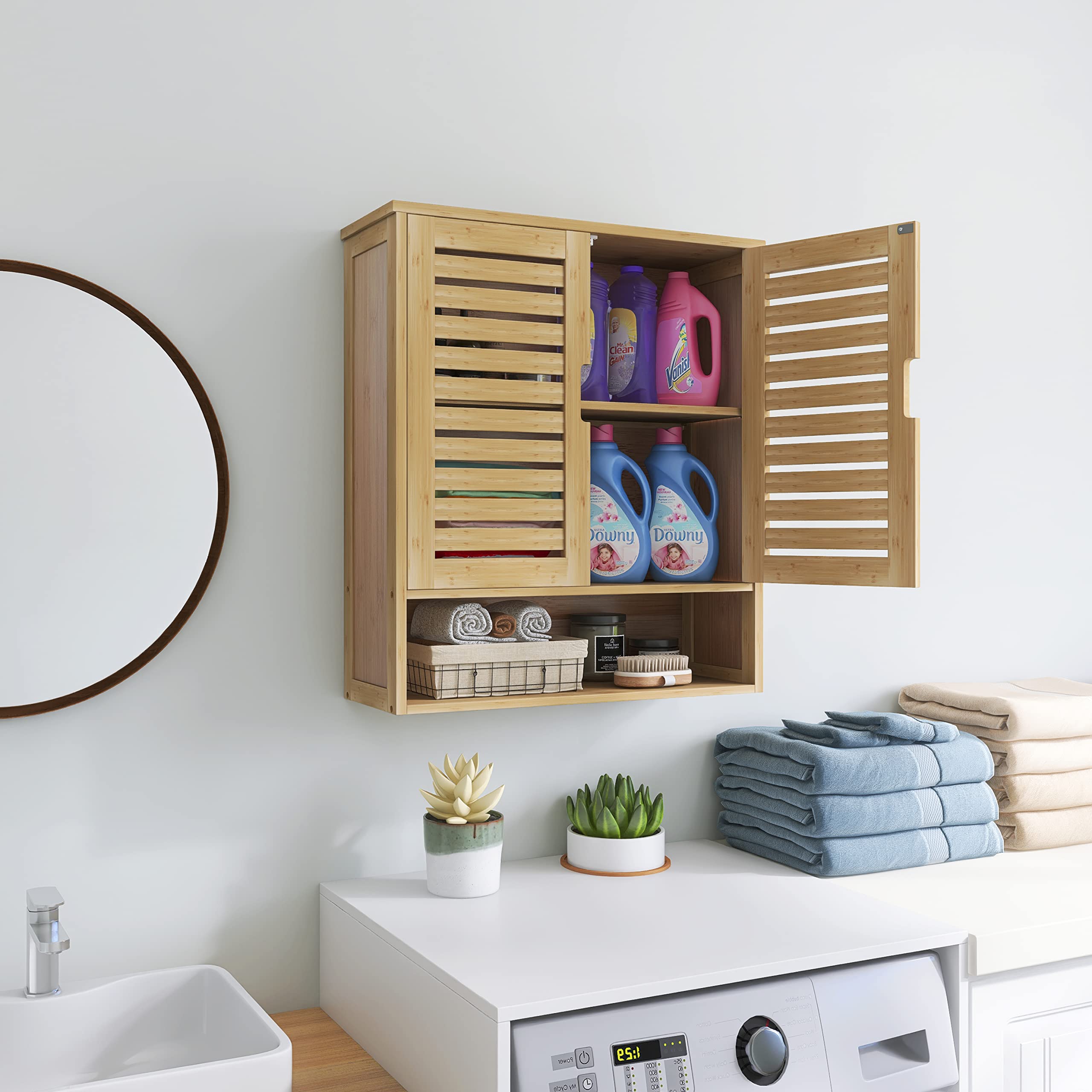 SMIBUY Bathroom Cabinet Wall Mounted, Bamboo Over-The-Toilet Storage Organizer, Space Saver Medicine Cabinet with 2 Door and Adjustable Shelves (Natural)