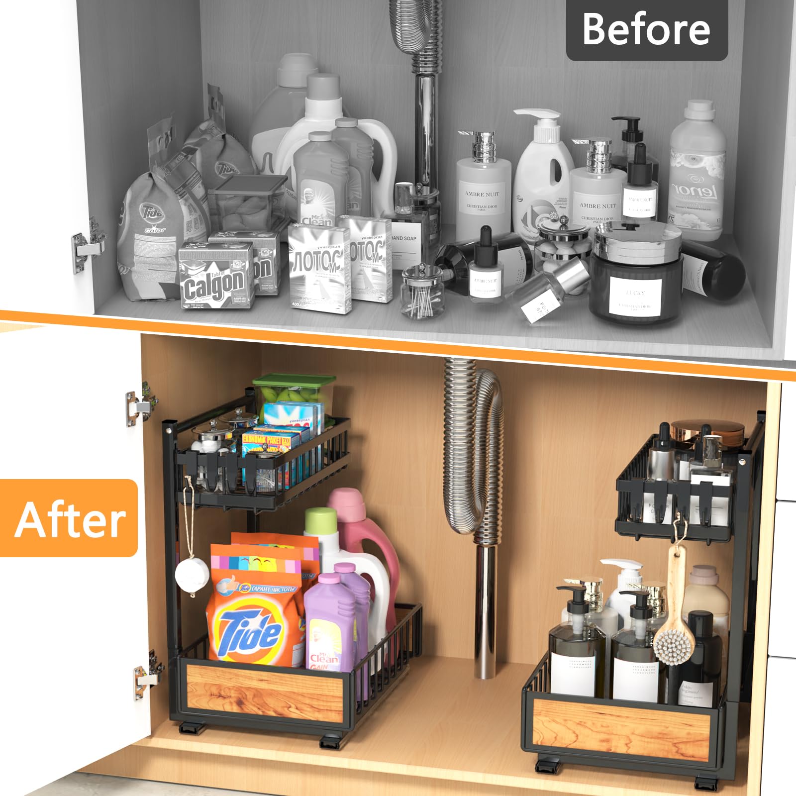 Under Sink Organizer, 2-Tier Pull Out Cabinet Organizer Under Kitchen Sink Organizer, Solid Wood Edge Beautiful-Use for Bathroom Laundry Kitchen