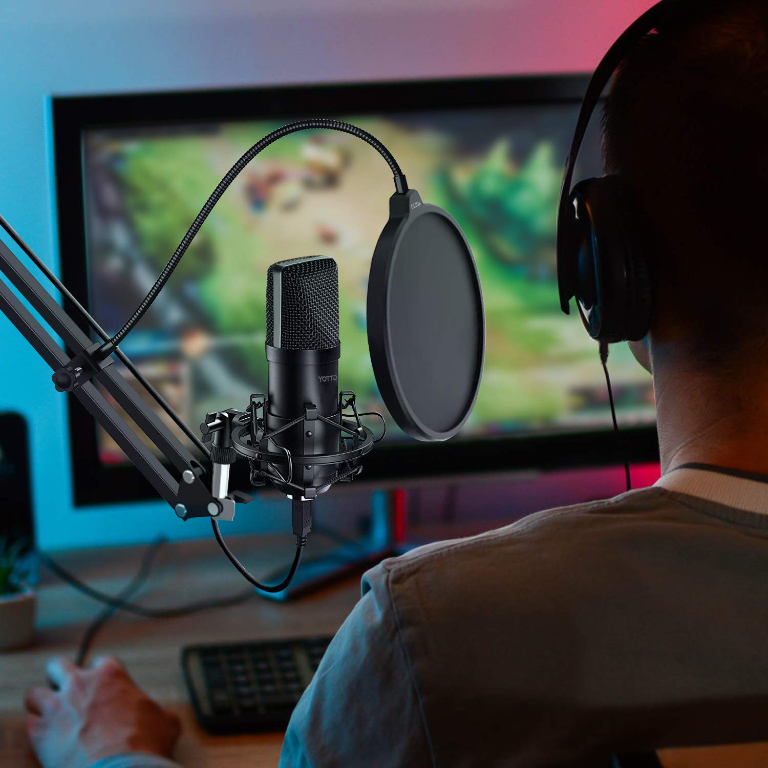 YOTTO USB Microphone Cardioid Condenser Mic 192KHz/24bit Plug and Play Professional Studio Podcast Microphone with Adjustable Microphone Stand Suspension Scissor Boom Arm, Pop Filter, Shock Mount