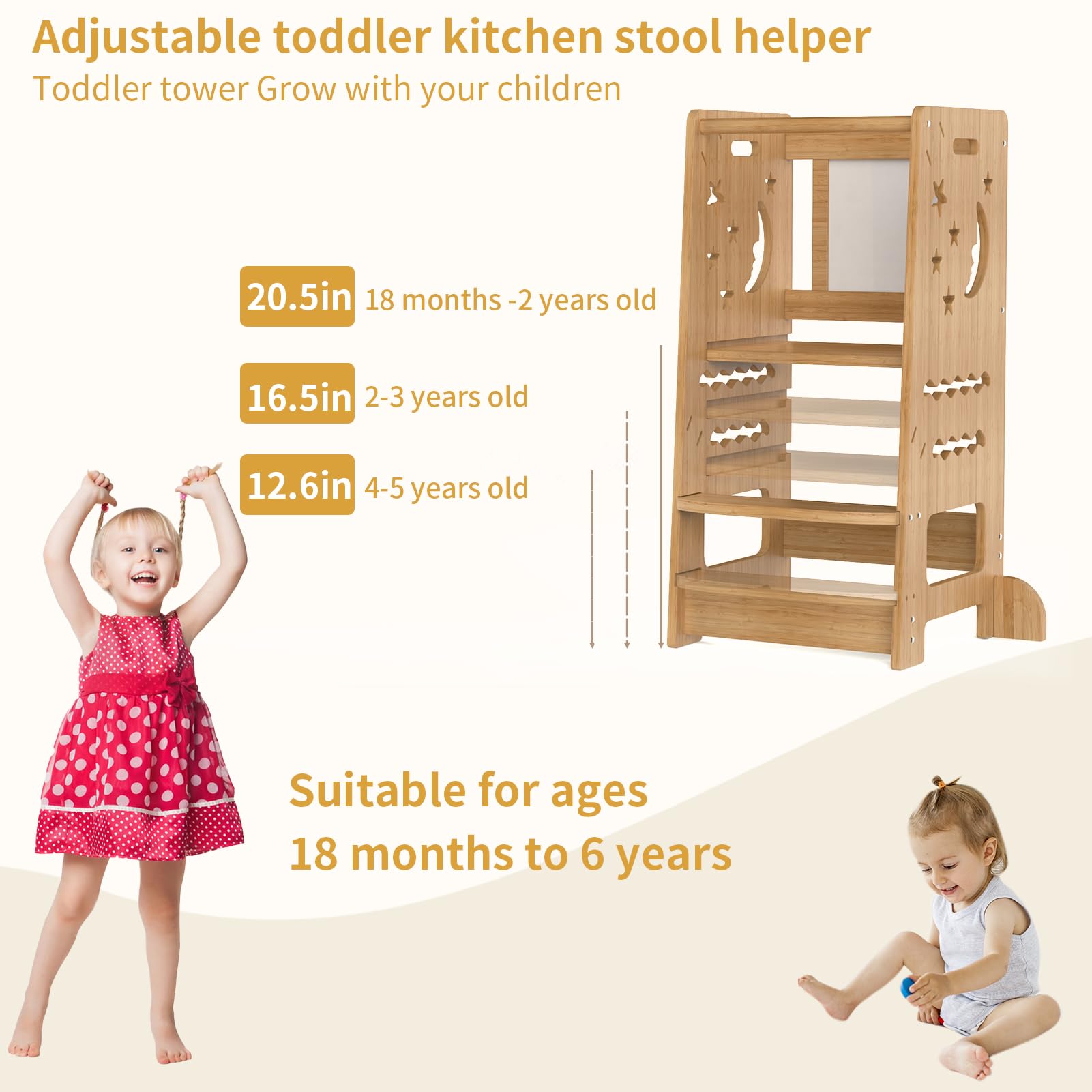 Wooden Kitchen Step Stool, 3 Heights Adjustable Toddler Standing Tower, Bamboo Toddler Kitchen Stool Helper with Black and White Chalkboard,Toddler Learning Tower for Bathroom, Cooking Helper