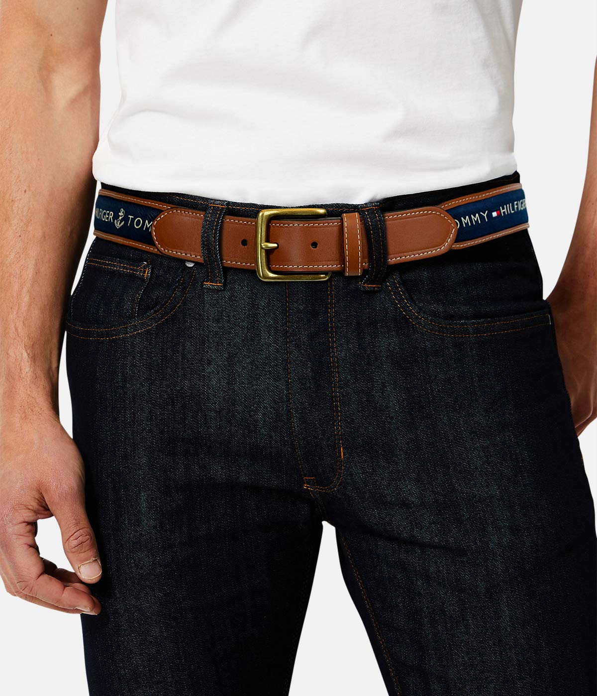 Tommy Hilfiger Men's Ribbon Inlay Belt - Ribbon Fabric Design with Single Prong Buckle, Black/Navy, 36