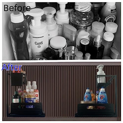 Under Sink Organizer and Storage, 2 Tier Metal Pull Out 0rganizer, Height Adjustable Under Sink Storage Solution, Multi-Purpose Sliding Cabinet Basket for Kitchen Bathroom(BLACK)