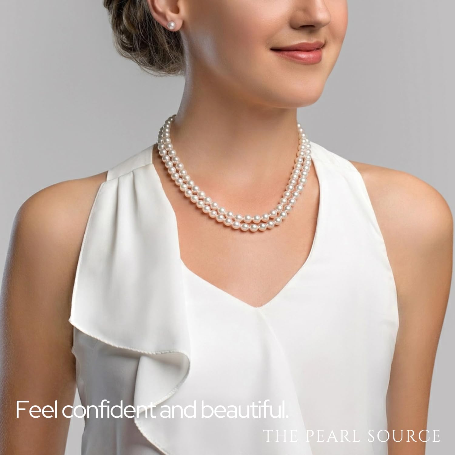 The Pearl Source 14K Gold 7-8mm AAA Quality Double Strand White Freshwater Cultured Pearl Necklace for Women in 18-19" Princess Length
