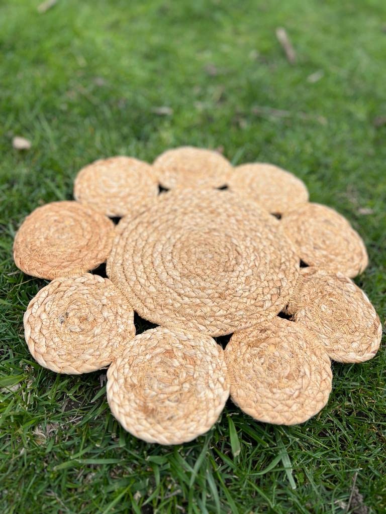 Sunflower Jute Placemats Set | 100% Natural and Eco-Friendly | Soft & Durable | Round 13" x 13" | Dining Room Table Mat in Natural Jute Color | No Artificial Color (6)