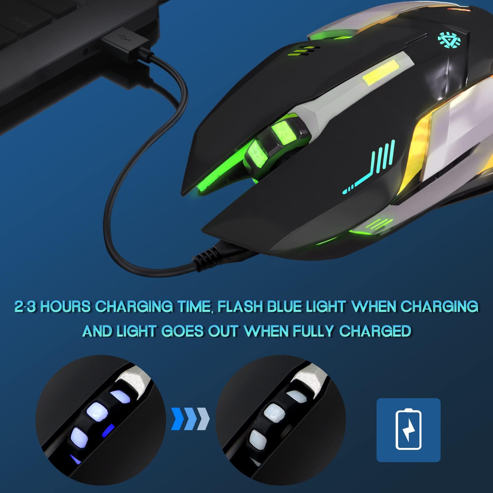VEGCOO Wireless Gaming Mouse, Silent Click Wireless Mouse, Rechargeable Computer Mice with Colorful RGB LED Lights and 2400/1600/1000 Adjustable DPI for Laptop and Desktop (C8 Black)