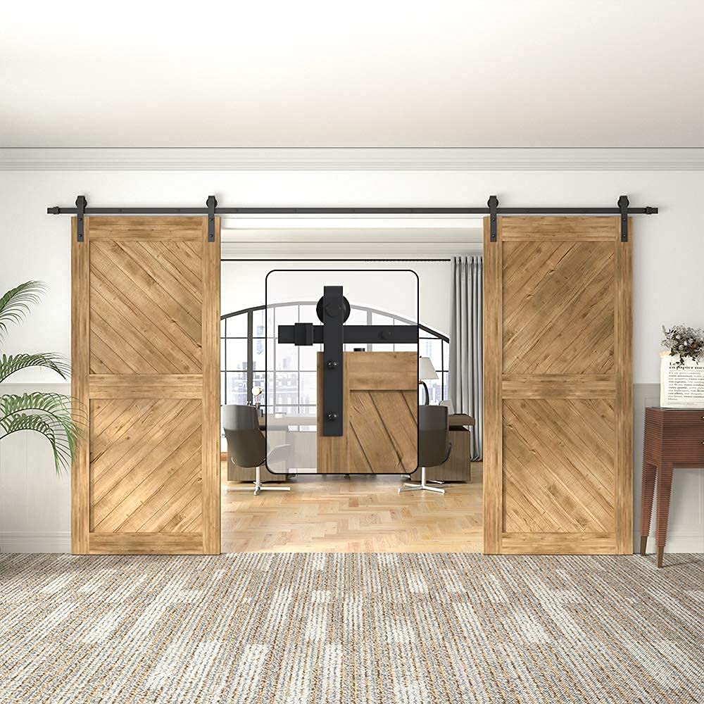 WINSOON 14FT Sliding Barn Wood Door Hardware Cabinet Closet Kit with 2PCS 12 Inch Sliding Barn Door Handles Black Hardware with Pull and Flush Barn Door Handle Set