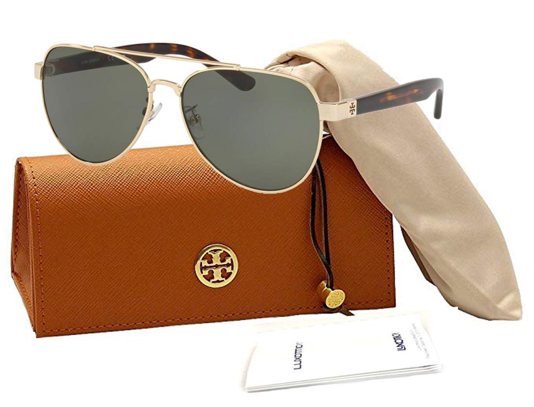 Tory Burch TY6070 32729A 57M Shiny Light Gold Metal/Dark Green Polarized Aviator Sunglasses For Women+ BUNDLE with Designer iWear Eyewear Kit