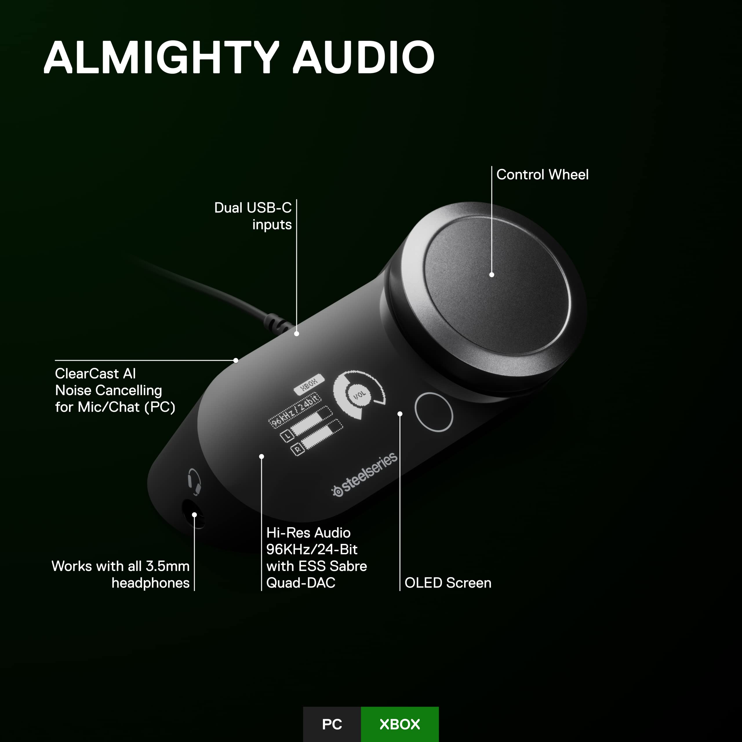 SteelSeries GameDAC Gen 2 Hi-Res Audio Amplifier - ESS Sabre Quad-DAC - AI Noise Cancellation - 360° Spatial Audio - Hi-Res Certified - PC, Xbox, PS5, PS4