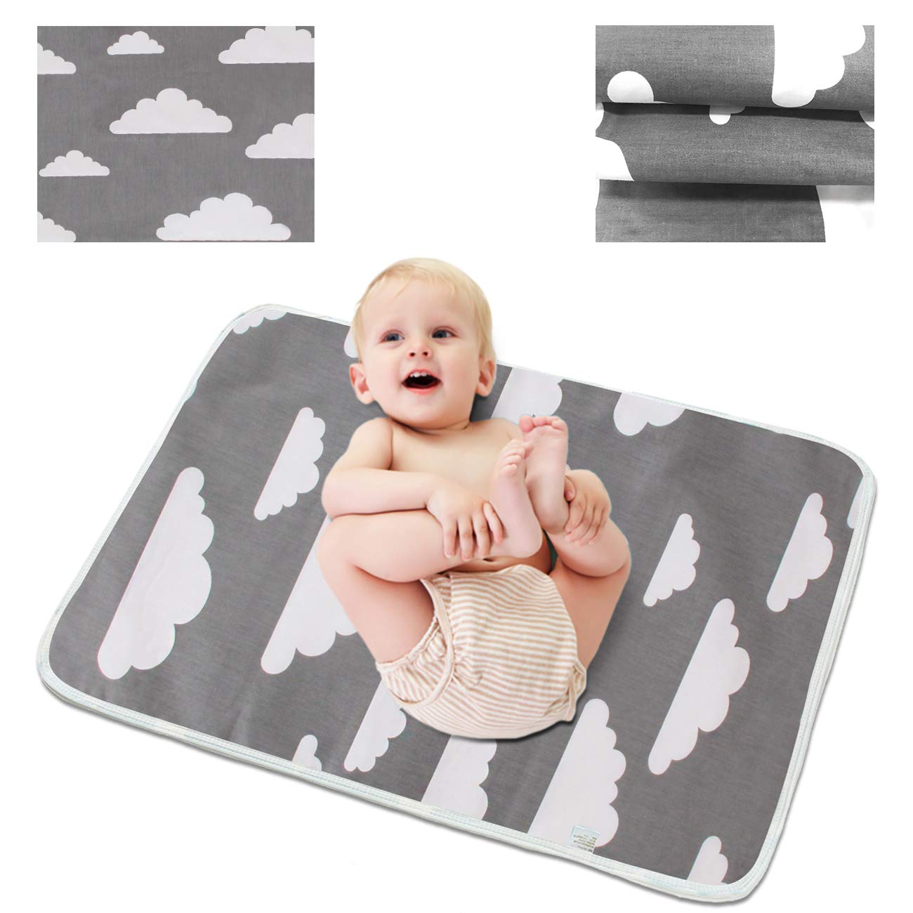 Waterproof Diaper Changing Pad (23.6"x 29.5"), Entyle Washable Reusable Breathable Leak Proof Infant Mattress Pad Portable Travel Baby Changing Mat (Grey Clouds)