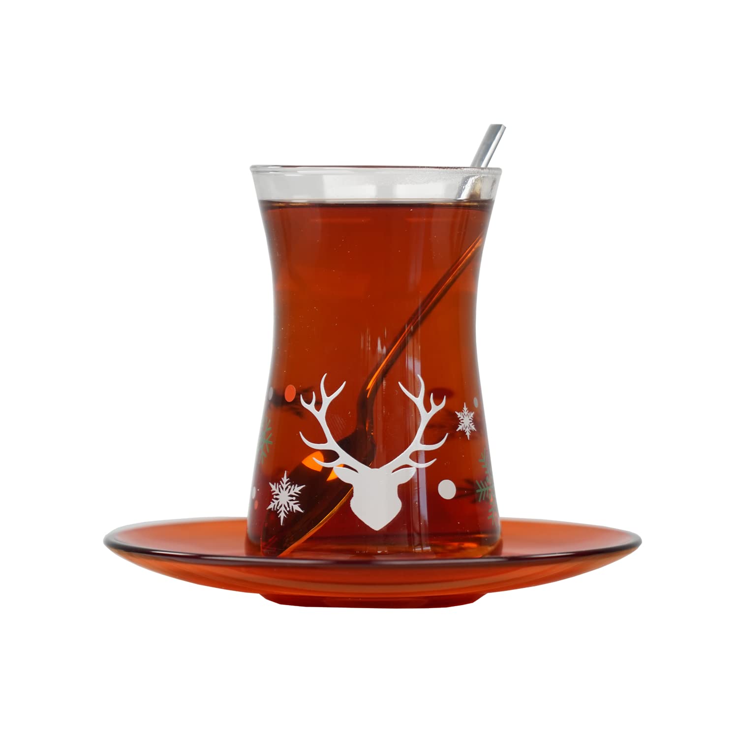 Turkish Tea Set, Turkish Tea Cups, Saucers and Tea Spoons, 6 Glasses, 6 Saucers and 6 Stainless Steel Spoons (18 Pieces), Set For 6 (Christmas)
