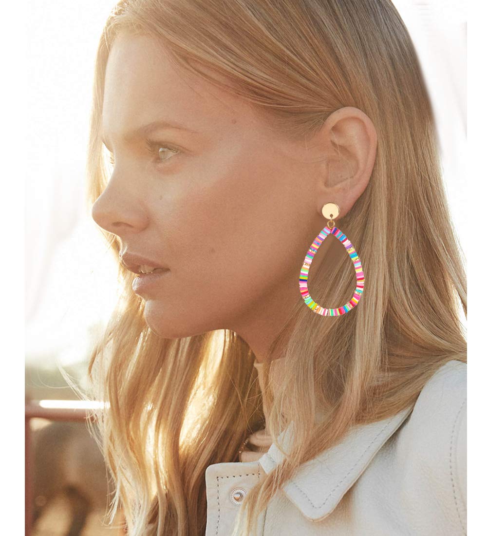 XOCARTIGE Heishi Bead Drop Earrings Colorful African Vinyl Beaded Hoop Dangle Earring Studs for Women Bohemia Summer Beach Accessory (A Rainbow)