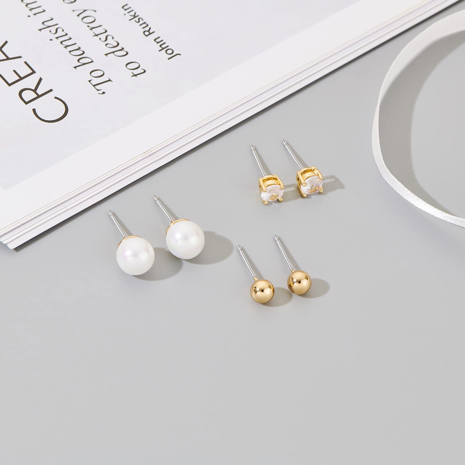 WOWORAMA 3 Pairs Pearl Stud Earrings for Women 18K Gold Plated Ball Stud Earrings Tiny CZ Cubic Zirconia Pearl Stud Earring Set Small Lightweight Stud Earrings