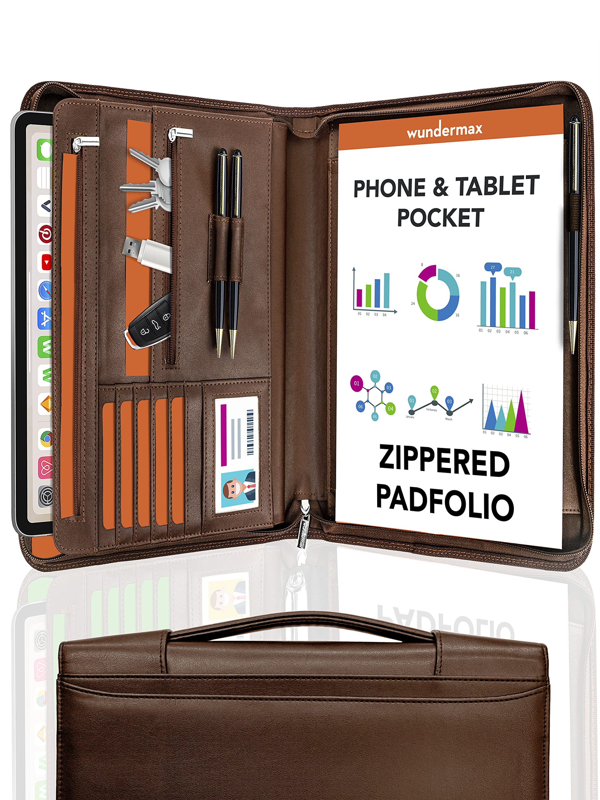 Wundermax 13x10.7x1.9in Vegan Leather Padfolio for Men/Women with Handle, Zipper, Notepad, Detachable Binder, Tablet Pocket - Brown