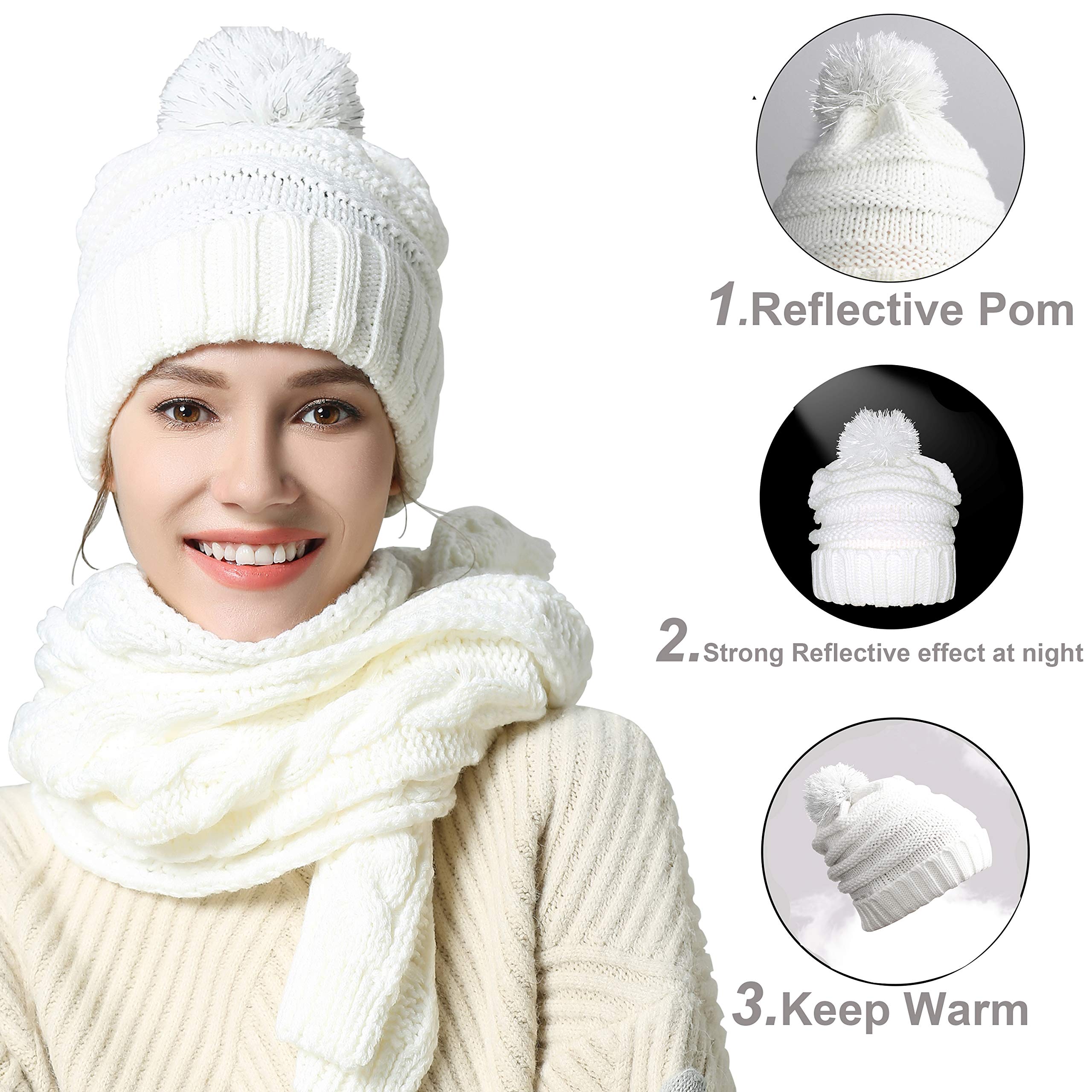 Warm Scarf Glove Hat Beanie Set - Cable Knit Winter Gift Set Pom Cap Touch Screen Glove Long Scarf 3 PCS Set for Women