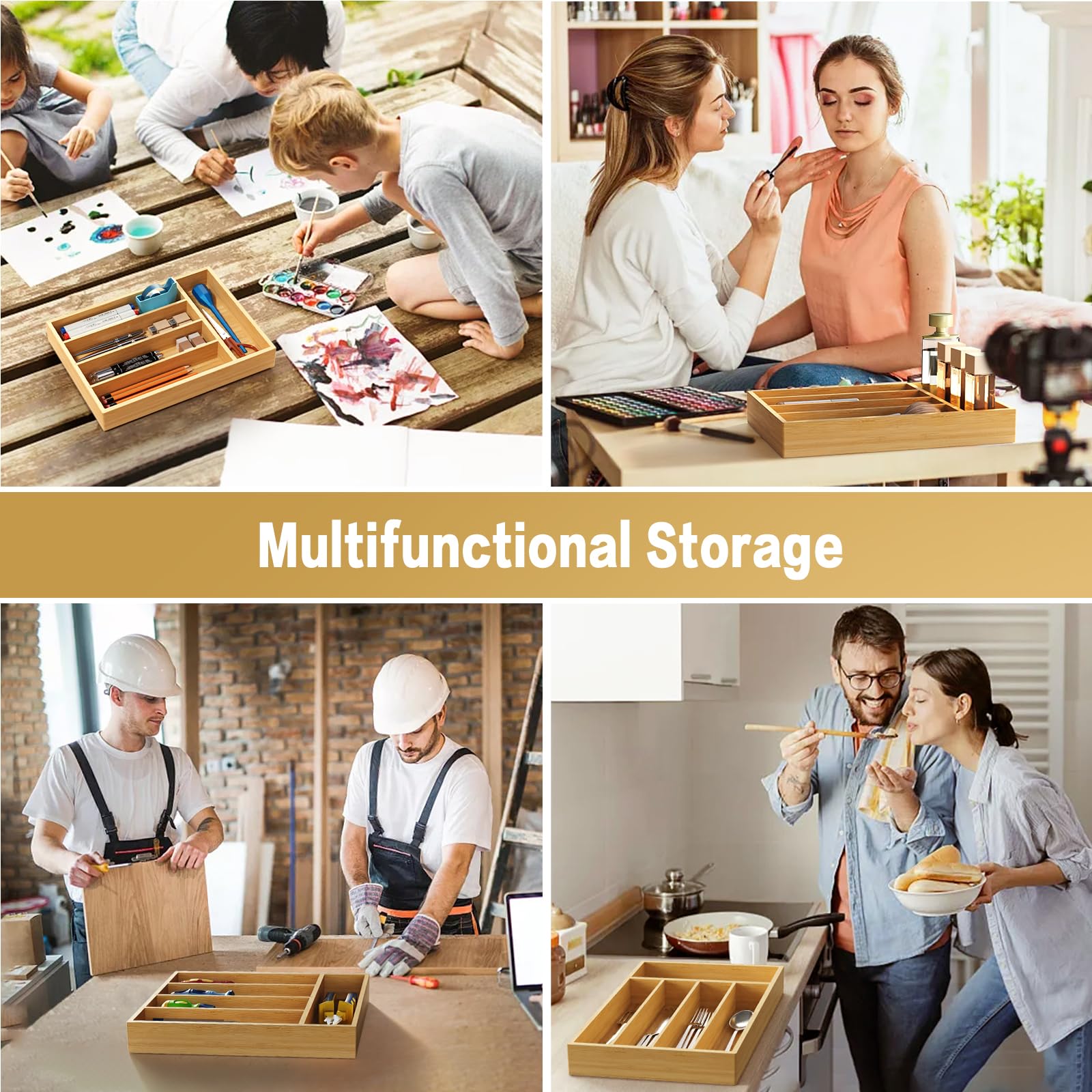 WEBACOO Bamboo Kitchen Drawer Organizer - Silverware Organizer for Kitchen Drawers - Utensil Tray and Flatware Storage for Kitchen - Flatware Organizer - Cutlery Tray with Adjustable Dividers