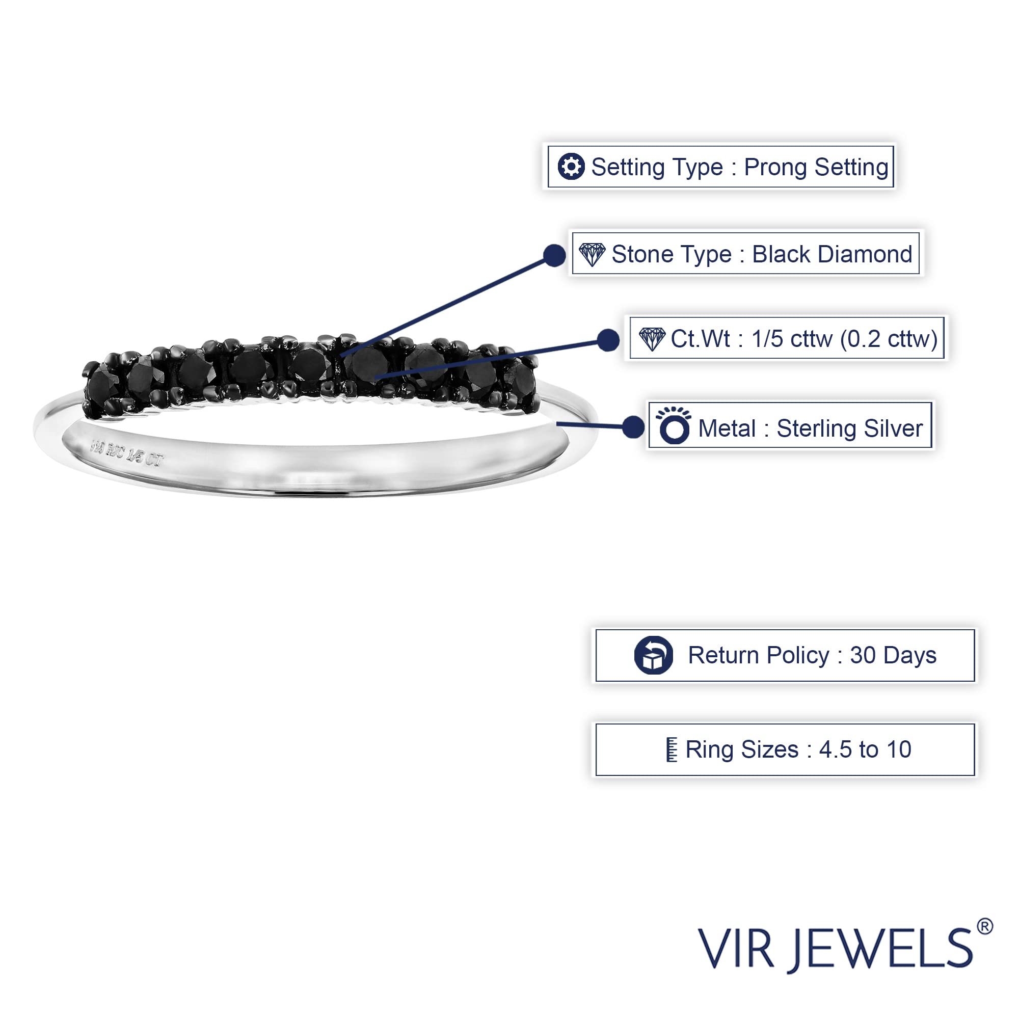Vir Jewels 1/5 cttw Black Diamond Ring Wedding Band .925 Sterling Silver Bridal 9 Stones Size 7
