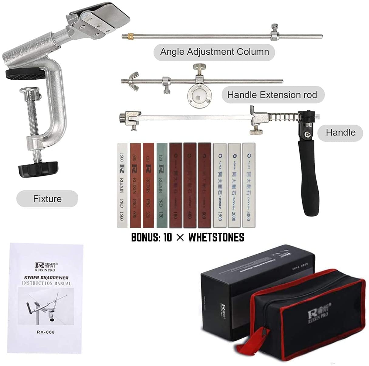 XST Knife Sharpening Kit System,360° Flip Design, Rotation Fixed-Angle, Professional Stainless Steel Kitchen Chef Knife Sharpener, Abrasive Holding Tools with 10 Whetstones