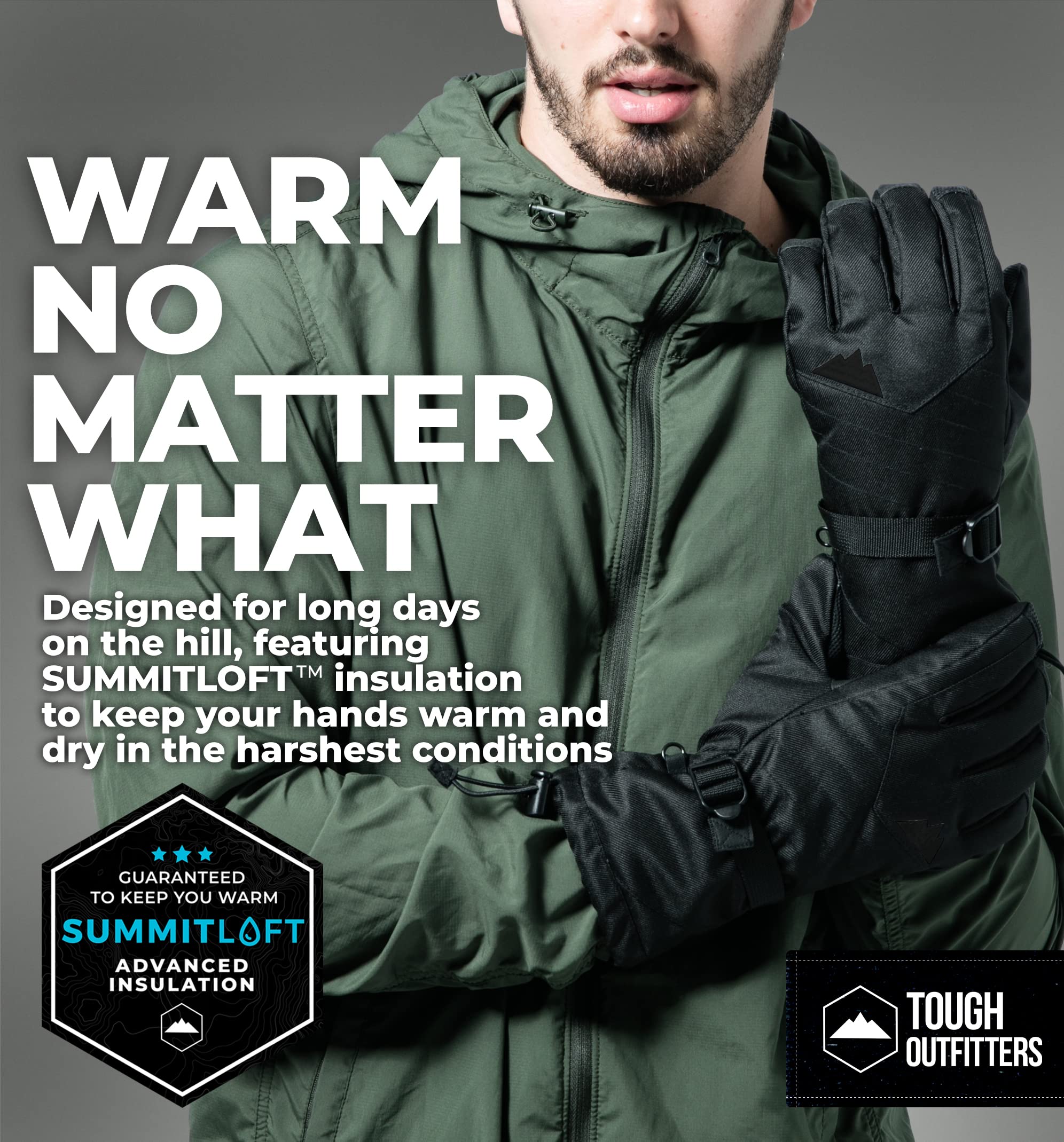 Tough Outdoors Winter Snow & Ski Gloves - Designed for Skiing, Snowboarding, Shredding, Shoveling & Snowballs - Waterproof & Windproof Nylon Shell & Synthetic Leather Palm - Fits Men, Women and Kids