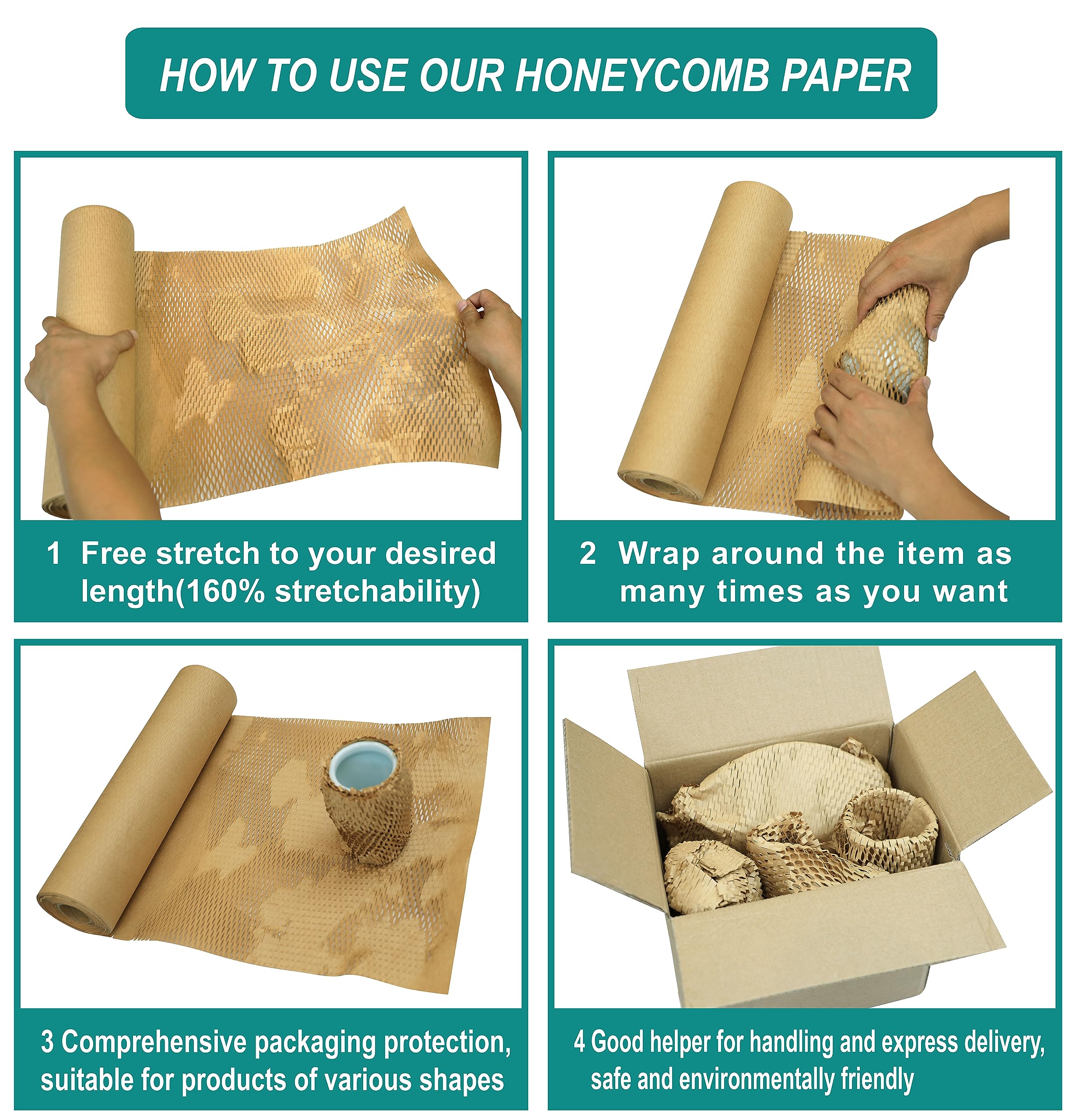 UTOCITY Eco-Friendly Honeycomb Packing Paper, Biodegradable and Recyclable Cushioning Wrap Bubble Paper Roll for Moving Shipping Packaging Gifts, Includes 20 Fragile Sticker Labels