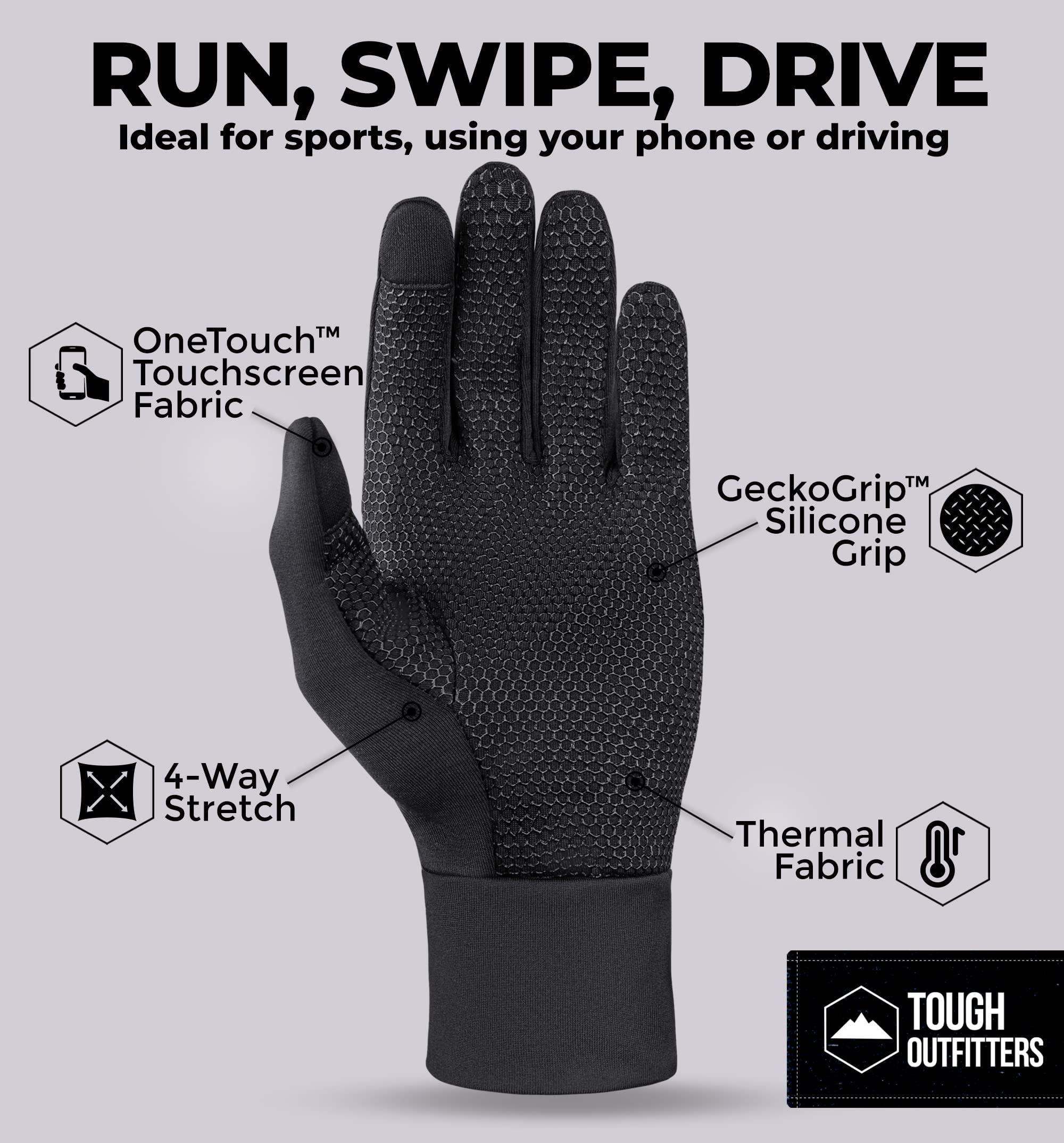 Tough Outdoors Touch Screen Running Gloves - Black Winter Glove Liners for Texting, Cycling, Exercise & Sports - Thin, Lightweight & Warm Cold Weather Thermal Gloves - Super Grippy Palm X-Large