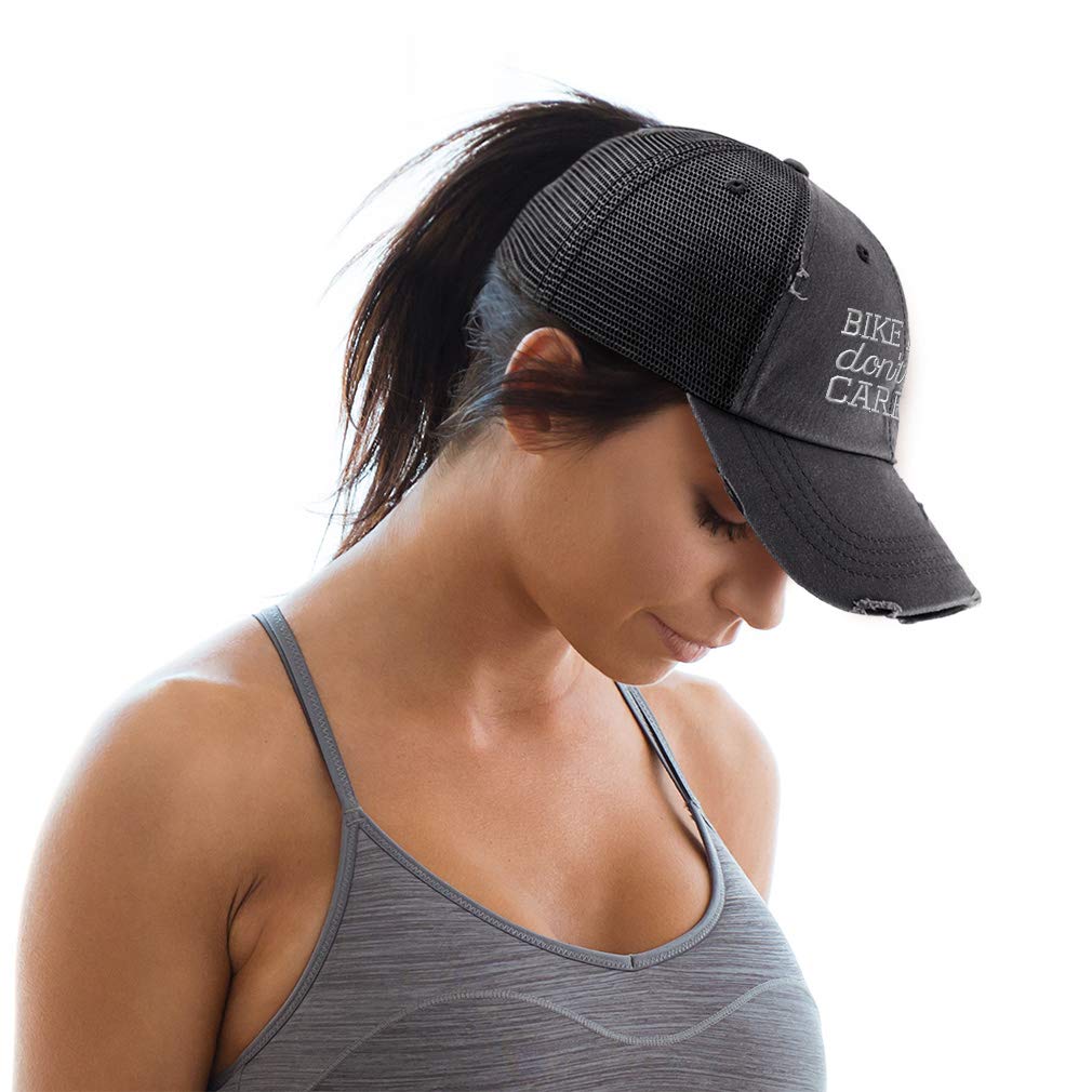 Womens Ponytail Cap Bike Hair Don't Care Embroidery Cotton Distressed Trucker Hats Strap Closure Turquoise