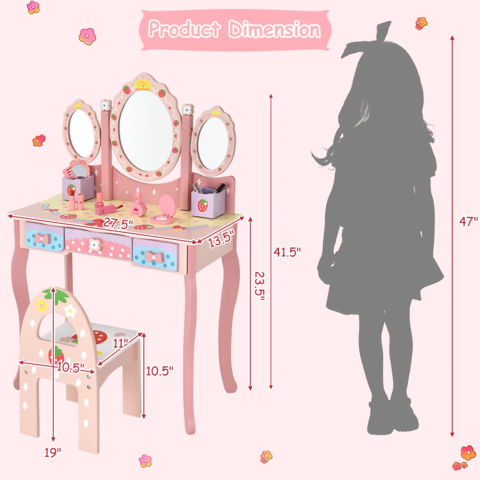TUOCHUFUN Kids Vanity Princess Makeup Dressing Table Chair Set with Tri-fold Mirror (Pink)
