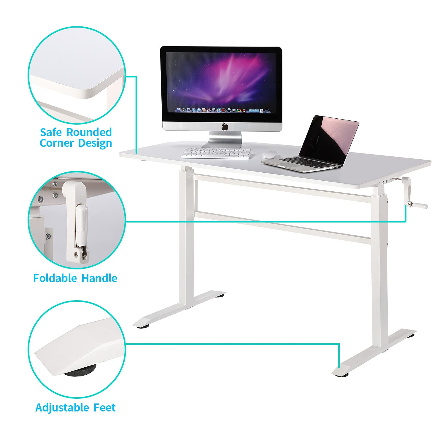 UNICOO Manual Standing Desk Adjustable Height Heavy Duty Game Desk, Crank Adjustable Desk, Adjustable Computer Desk, Manual Stand Up Desk with Headphone Hook,48 x 24 Inches(SYK01-Light Oak)