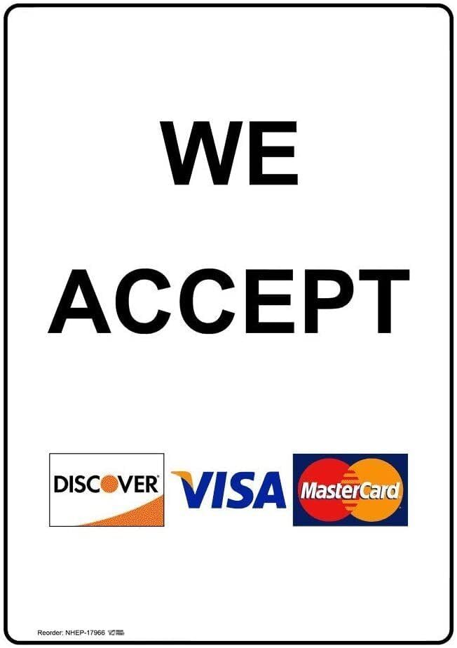 Vertical We Accept [ Discover, Visa, MasterCard ] Label Decal, 5x3.5 in. 4-Pack Vinyl for Dining/Hospitality/Retail