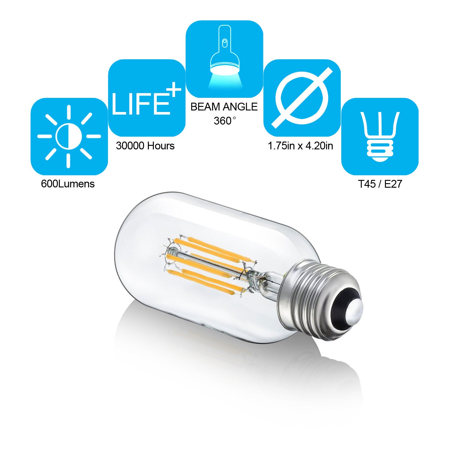 RAYHOO 6W E26 E27 LED Edison Light Bulbs Dimmable, E26 Medium Base T14(T45) LED Filament Tubular Light Bulb, Equivalent 60W Incandescent Replacement, 600LM, 3-Pack (Warm White 2700K)