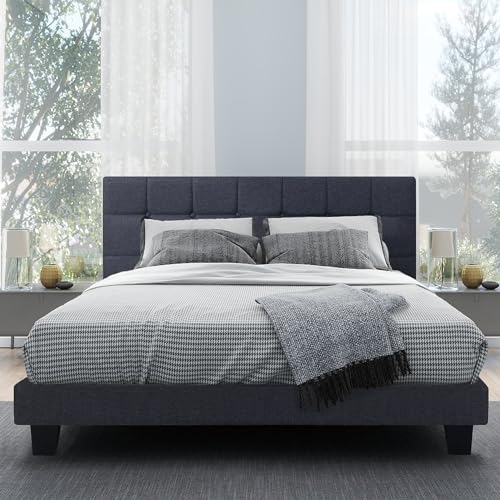 Upholstered Bed Frame Queen, Adjustable Linen Headboard and Solid Wood Slats Support, Heavy Duty Steel Mattress Foundation, Easy Assembly, Noise Free, No Box Spring, Grey