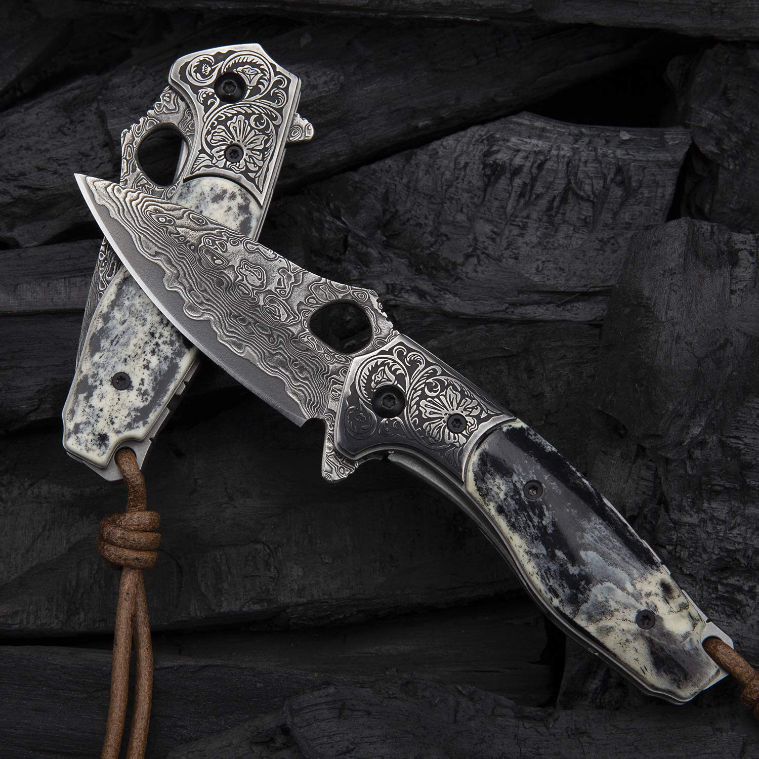 SPIRIT DEED EDC Pocket Knife for Men,2.5in Japanese Handmade VG0 Damascus Steel,Bone Handle,Liner Lock,Leather Sheath,Folding Knives for Camping and Hunting