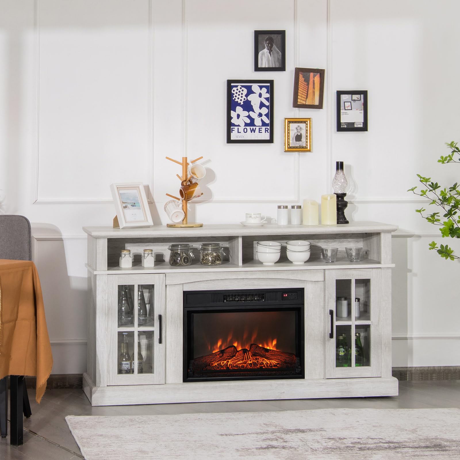 Tangkula Fireplace TV Stand for TVs Up to 65 Inch, Electric Fireplace TV Console w/Remote Control, Overheat Protection, 3-Level Adjustable Brightness, TV Entertainment Center w/23β Fireplace