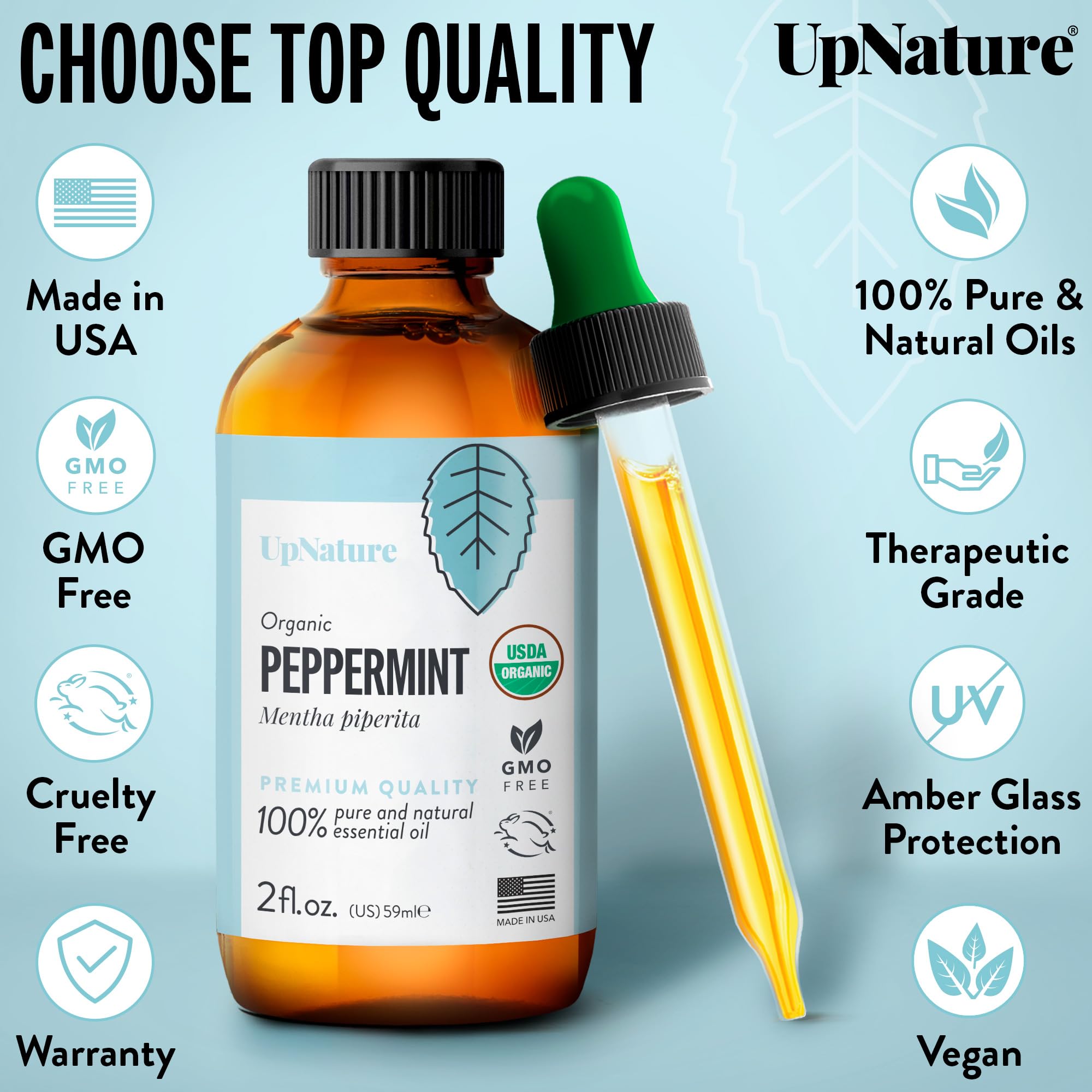 UpNature USDA Certified Organic Peppermint Essential Oil - 2oz –100% Natural & Pure Peppermint Oil, Aromatherapy Oil